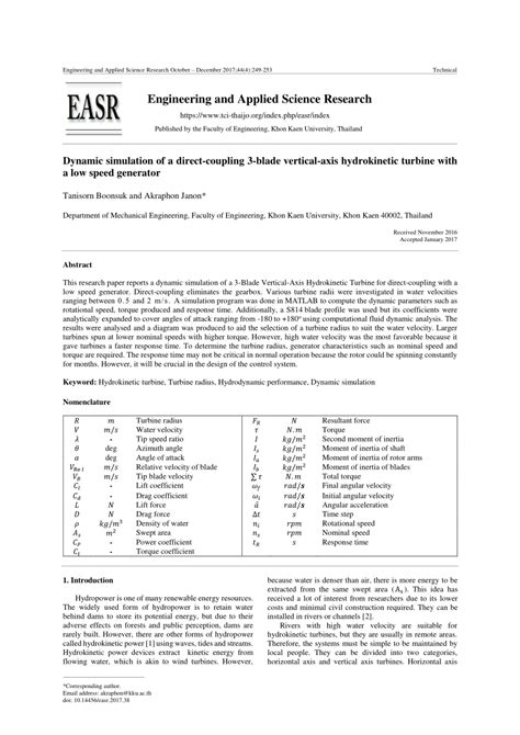Pdf Dynamic Simulation Of A Direct Coupling 3 Blade Vertical Axis Hydrokinetic Turbine With A