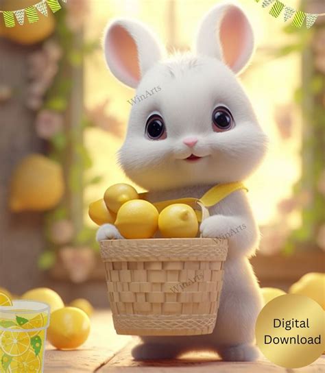 Cute Rabbit Basket Of Lemons Printable Digital Instant Download