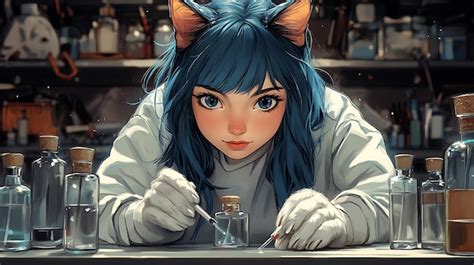 Anime Girl Scientist Working In A Laboratory With Glass Bottles
