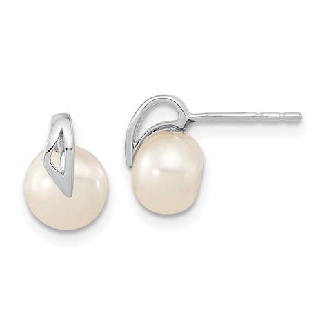 14k White Gold 7 8mm Button Freshwater Cultured Pearl Post Earrings