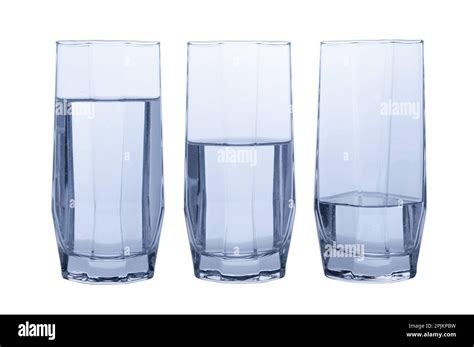 Three Glasses Of Clear Water Full Half And Quarter Isolated