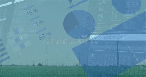 On Start Wind Turbines Lining Green Grass Receiving Fading Percentages