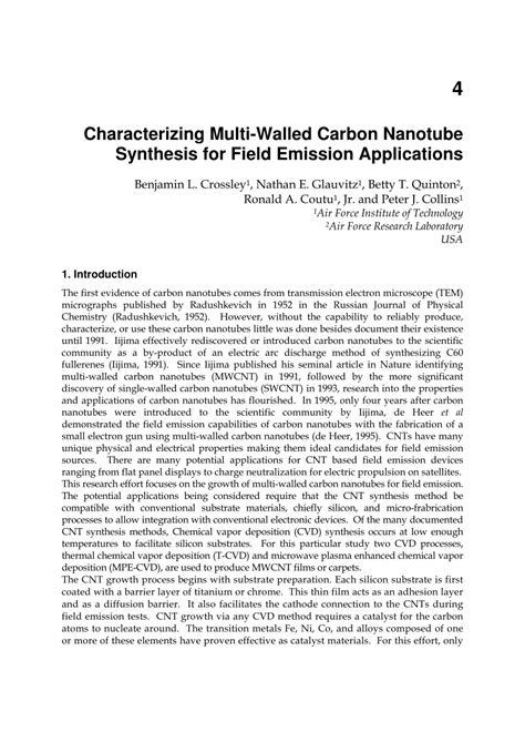 Pdf Characterizing Multi Walled Carbon Nanotube Synthesis For Field Emission Applications