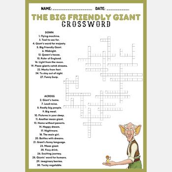The Big Friendly Giant Novel Study Crossword Puzzle Worksheet Activity Bfg