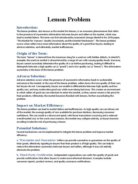 Lemon Problem Pdf Adverse Selection Microeconomics