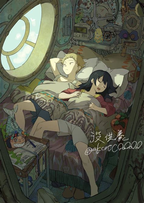 Safebooru 1boy 1girl Bed Black Hair Blanket Blonde Hair Chain