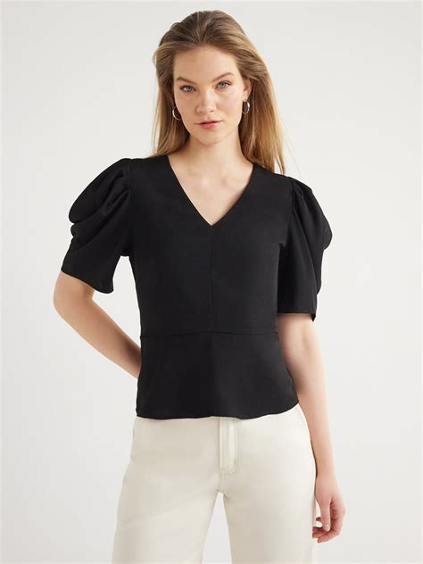 Scoop Womens V Neck Top With Volume Sleeves Sizes Xs Xxl