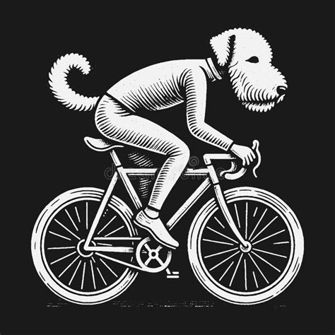 Anthropomorphic Poodle Dog Riding A Bicycle In A Vintage Woodcut Style