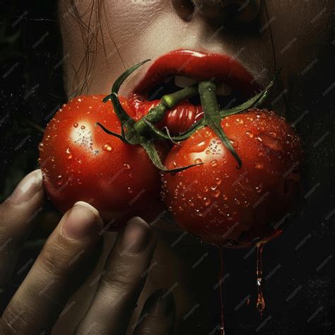 Premium Photo Sexy Woman With Wet Red Lips And Tomatoes On Black