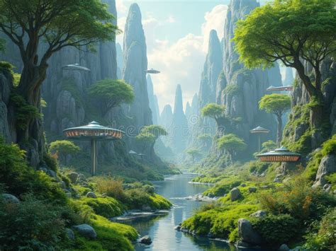 Futuristic Valley With Ai Structures Stock Illustration Illustration