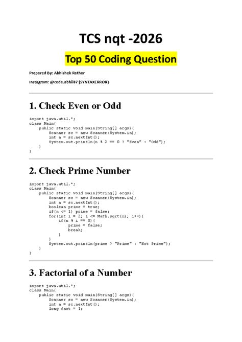 Tcs Nqt Top 50 Java Coding Questions And Solutions Studocu