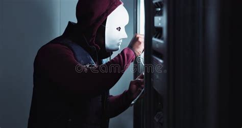 coding hacker and person with mask in server room as risk to