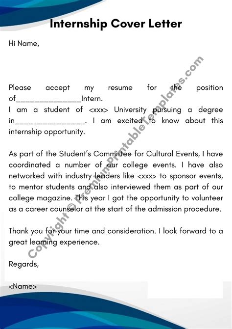 Cover Letter For Internship Printable Sample With Examples