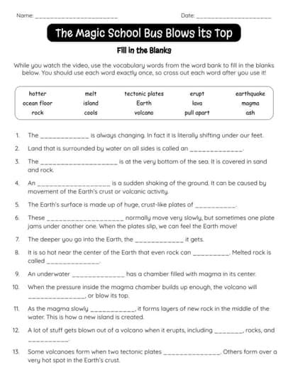The Magic School Bus Blows Its Top Volcano Worksheets By The Magic