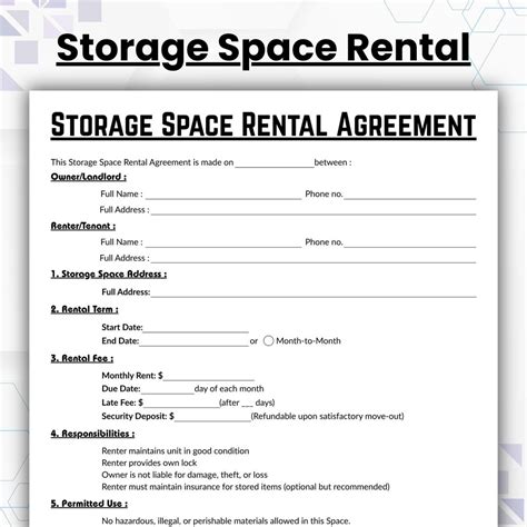 Editable Storage Space Rental Agreement Simple Contractor Storage Form