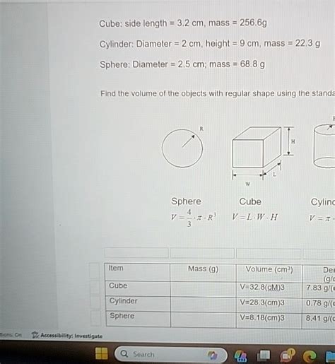 Solved Cube Side Length 3 2 Cm Mass 256 6 G Cylinder Diameter