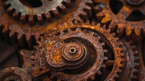 Close Up Of Rusty Interlocking Gears Industrial Decay Stock