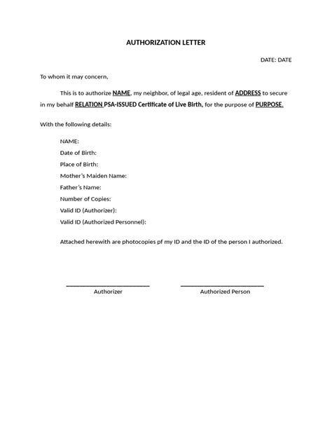 Psa Authorization Letter Template Pdf