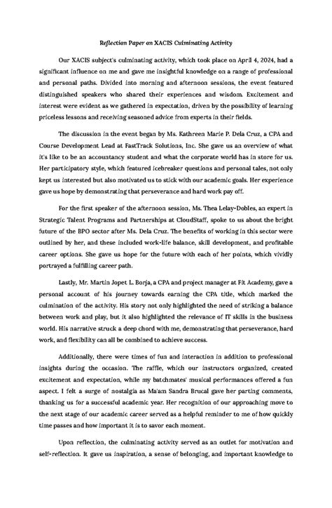 Reflection Paper On Xacis Culminating Activity Reflection Paper On