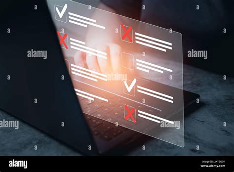 Document Approval Certification And Checklist Concept Woman Use Laptop With Hologram Checklist