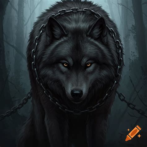 A Black Wolf With Chains In A Dark Forest On Craiyon