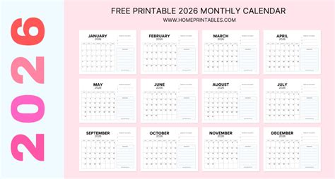 Printable Calendar 2026 Best Free Pdf Templates Home Printables