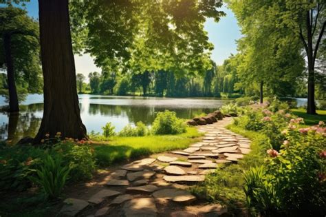 Premium Photo Vibrant Park Landscape With Lake Trees And Stone Path