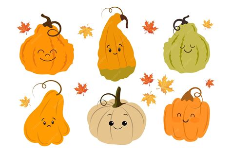 Premium Vector Set Of Cartoon Pumpkins In Flat Style On Maple Leaves
