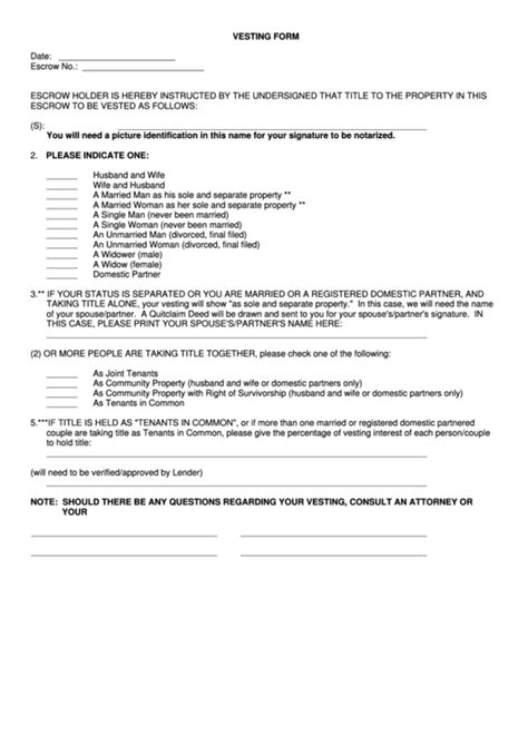Escrow Vesting Form Printable Pdf Download