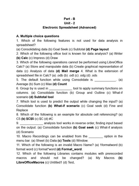 Part B Unit 2 Electronic Spreadsheet Advanced Mcqs And Qa Pdf Spreadsheet Hyperlink