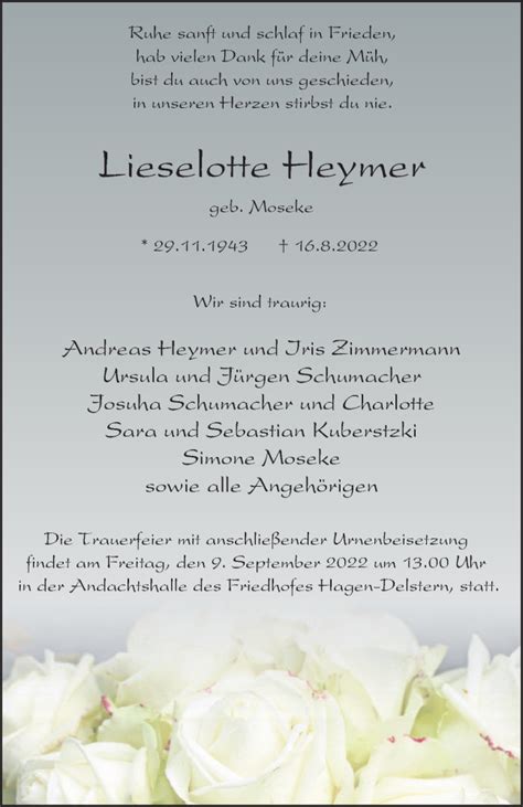 Traueranzeigen Von Lieselotte Heymer Trauer In Nrwde