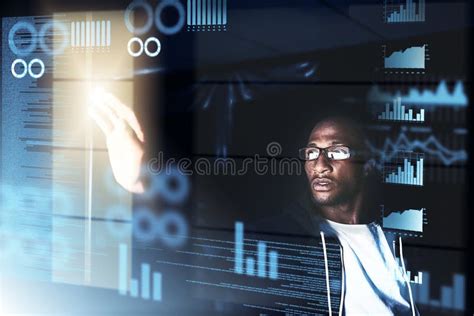 Man Glasses And Programmer At Night With Hologram Selection And