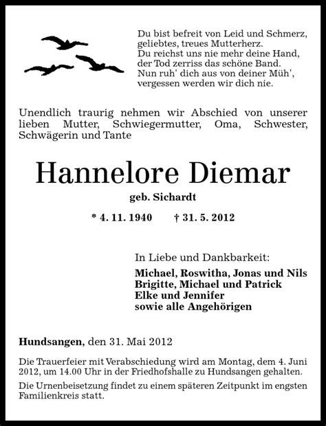 Traueranzeigen Von Hannelore Diemar Rz Trauerde