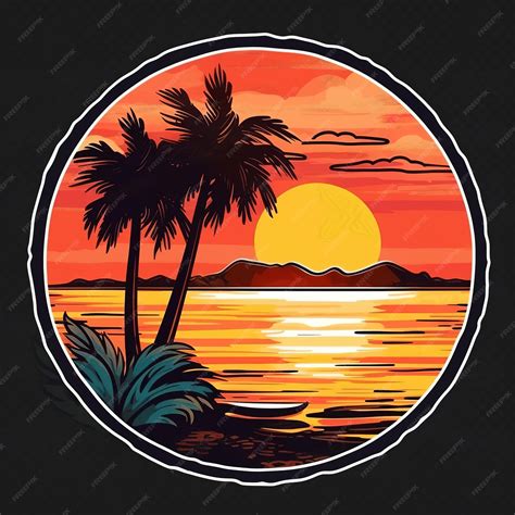 Un Dessin Dun Coucher De Soleil Avec Des Palmiers Et Des Montagnes En