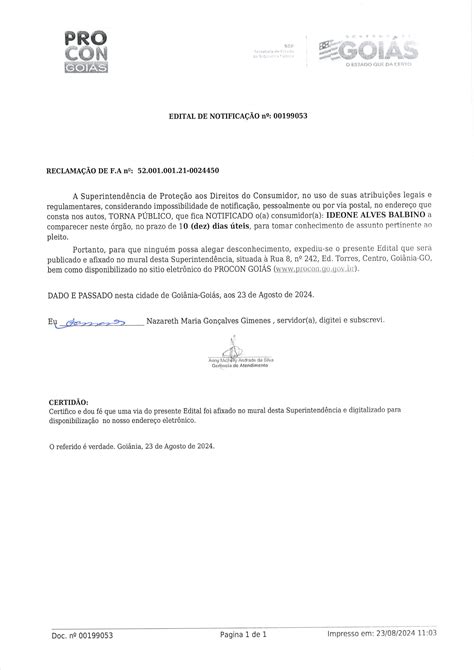 edital de notificação nº 00199053 consumidor a ideone alves balbino
