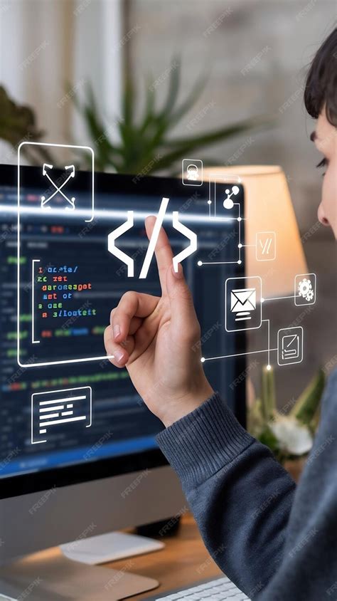 Coding Concept With Software Developer Touching Code Symbol And Icons Premium Ai Generated Image
