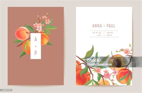 수채화 웨딩 복숭아 꽃 초대장 이국적인 과일 꽃 잎 카드 식물 저장 날짜 템플릿 벡터 단풍 커버 현대 포스터 트렌디 한 디자인 고급 배경 복숭아나무에 대한 스톡 벡터 아트