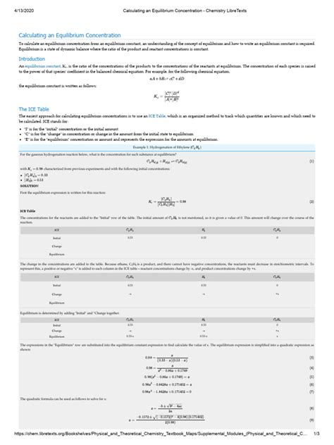 Calculating An Equilibrium Concentration Chemistry Libretexts Pdf Chemical Equilibrium