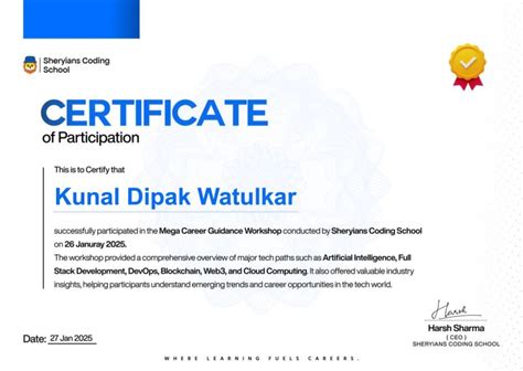 Honored to receive a Certificate of Participation from Sheryians Coding School for attending the ...