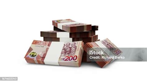 3d Rendering Of Stack Of 200 Ghanaian Cedi Notes Bundles Of Ghanaian Currency Notes Isolated On