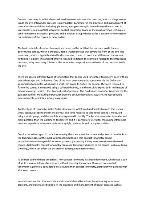 Contact Tonometry Is A Clinical Method Used To Measure Intraocular