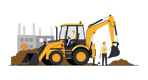 Backhoe Loader Working At Construction Site With Two Workers Stock Illustration Illustration