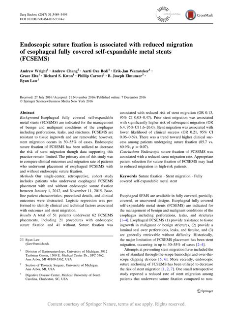 Endoscopic Suture Fixation Is Associated With Reduced Migration Of