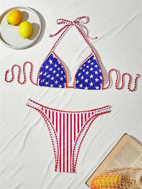 Shein Swim American Usa Flag Print Halter Triangle Top And Stripe Print