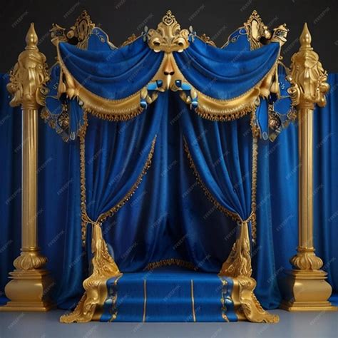 Blue Velvet Curtains And Golden Royal Crowns On Stage 3d Rendering