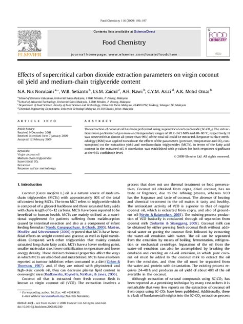 Pdf Effects Of Supercritical Carbon Dioxide Extraction Parameters On Virgin Coconut Oil Yield