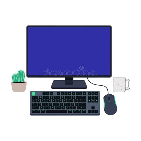 Clean Desktop Computer Setup With Cactus And Mug Stock Vector