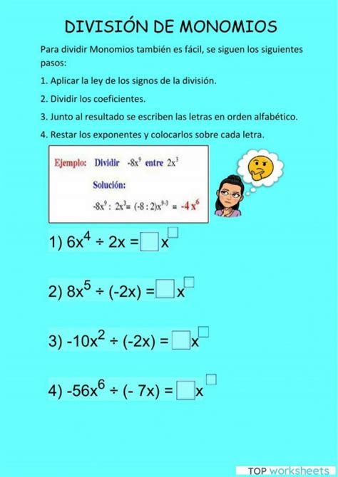Divisiòn De Monomios Interactive For Octavo De Bàsica Superior Ficha Interactiva Topworksheets