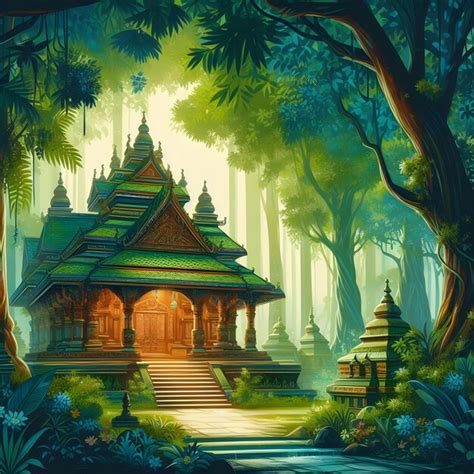 A Photo Captures The Serene Atmosphere Of A Temple Enveloped By Lush