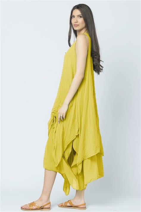 Rochie Lunga In Colturi Din Batist De Bumbac Galben